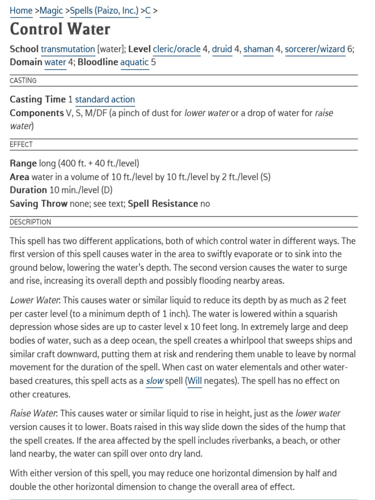 Control Water - d20PFSRD | PDF | Wizards Of The Coast | Gaming