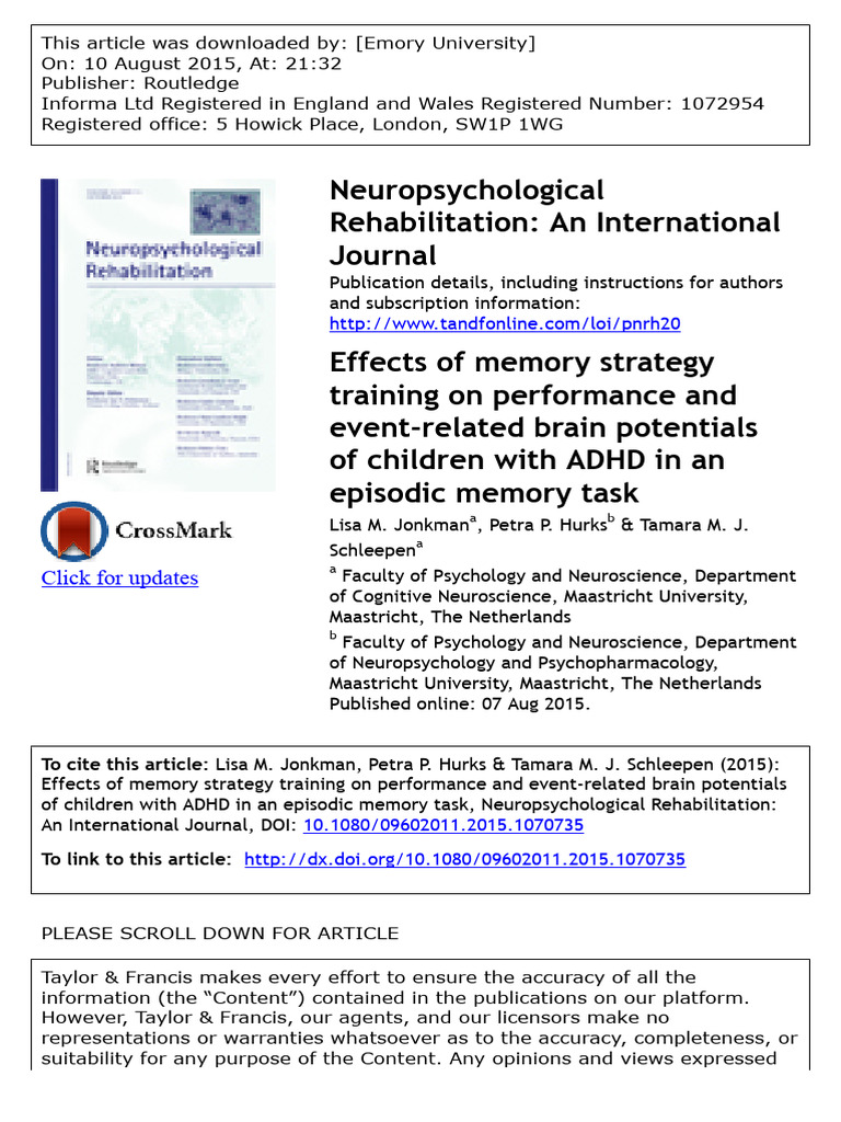 Jonkman Et Al, 2015 | PDF | Working Memory | Attention Deficit Hyperactivity Disorder
