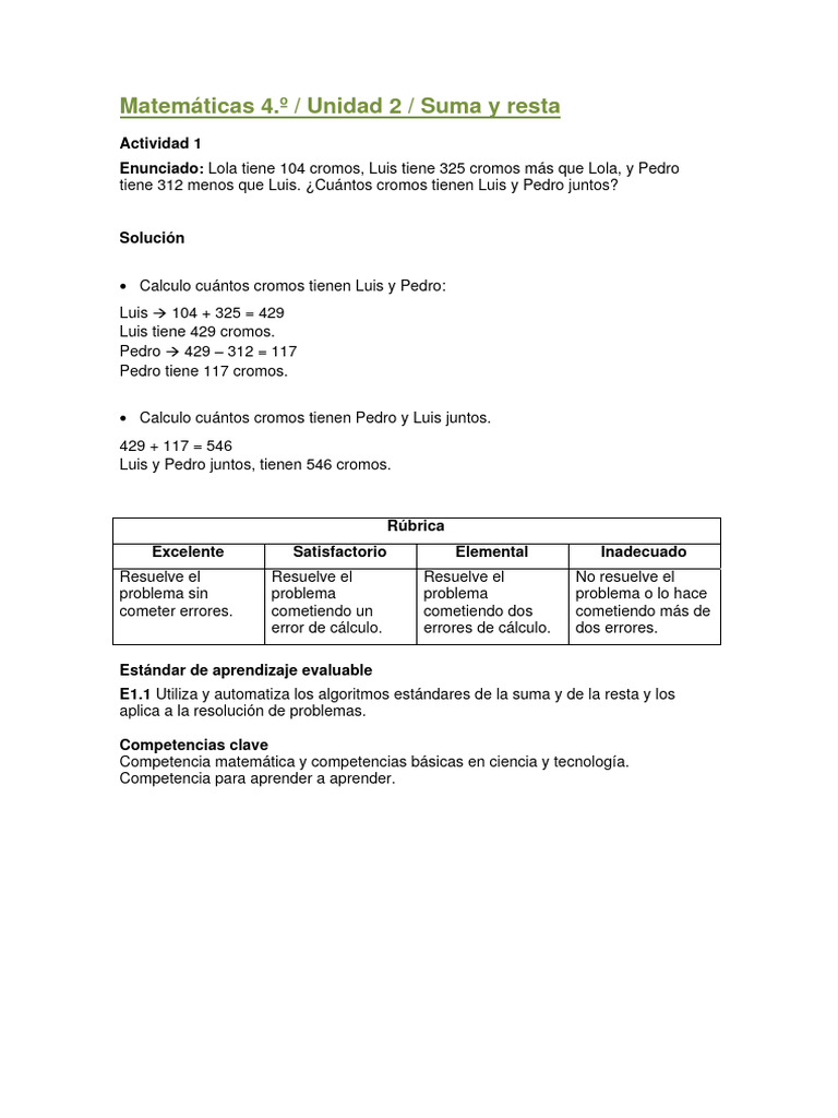 4M U02 Evaluacio N SOL | PDF | Sustracción | Matemáticas