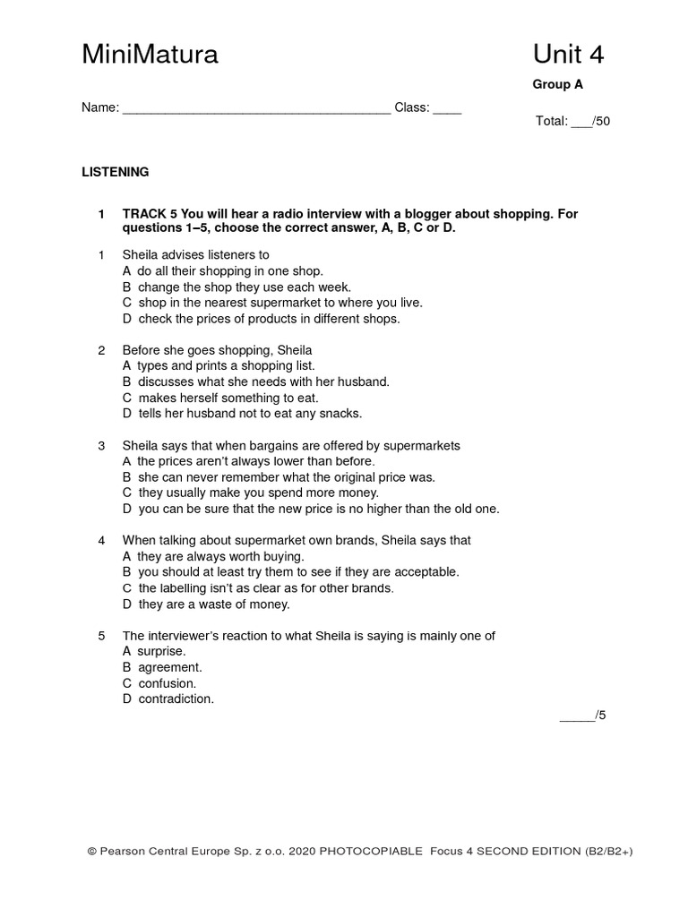 Focus4 2E MiniMatura Unit4 GroupA 1kol | PDF | Online Shopping