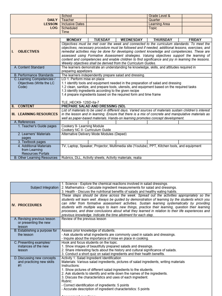 DLL-Cookery9-Q2-Week 1 | PDF | Learning | Curriculum