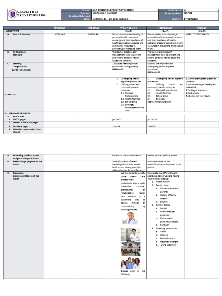 DLL - Mapeh 6 - Q1 - W8 | PDF | Health Professional | Physical Examination DLL - Mapeh 6 - Q1 - W8 | PDF | Health Professional | Physical Examination