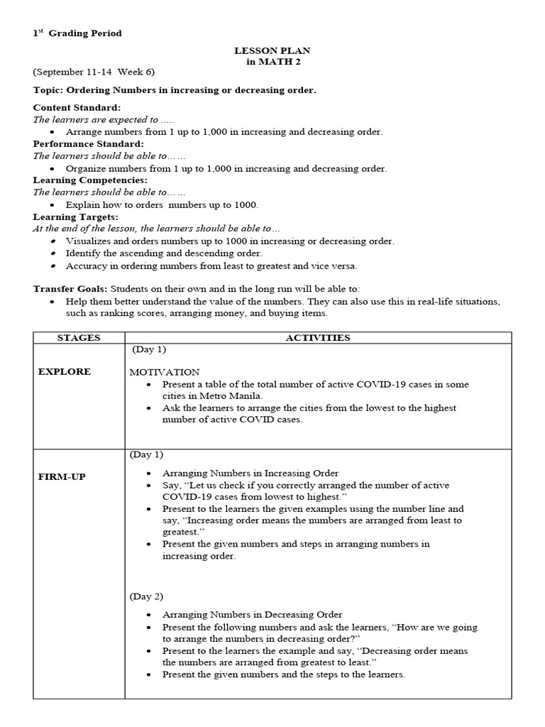 Ordering Numbers in Increasing or Decreasing Order. | PDF