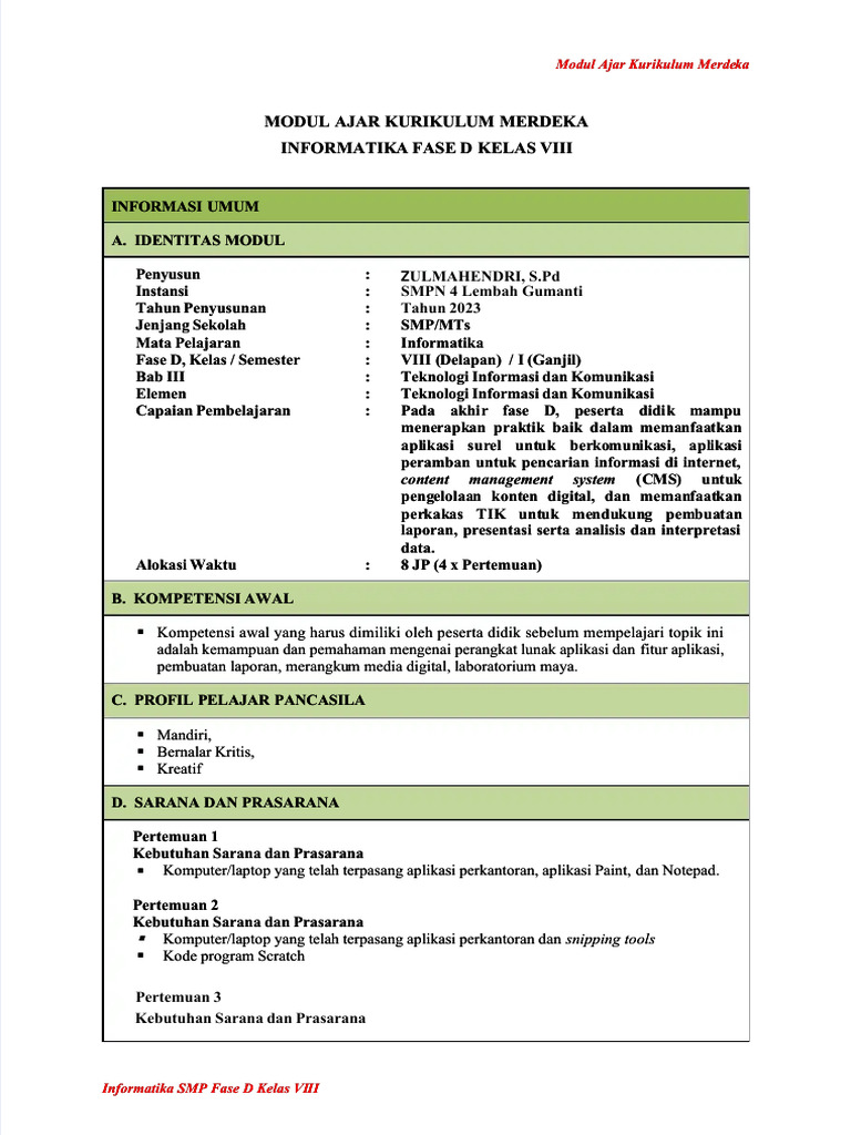 PDF Modul Ajar Bab 3 Informatika Kelas 8 Nur Suci Lestari Compress | PDF
