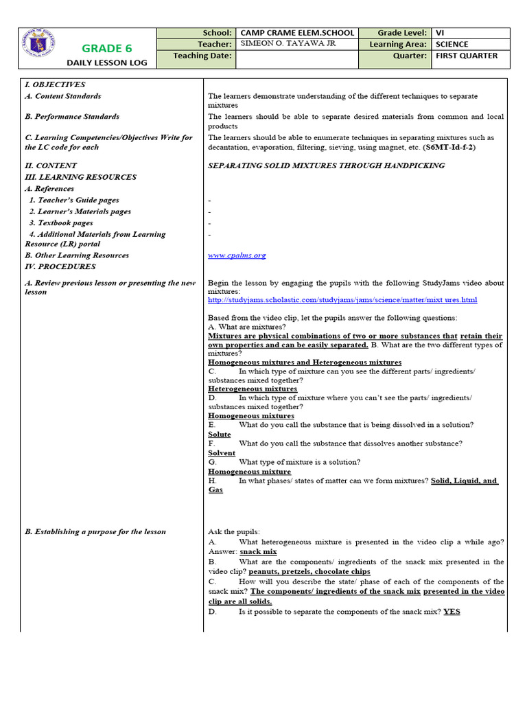 Grade 6 Science: Separating Mixtures | PDF | Mixture | Physical Sciences