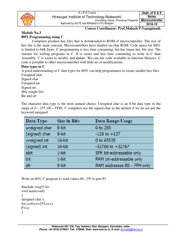 Course Coordinator: Prof - Mahesh P.Yanagimath Module No.3 8051 Programming Using C | PDF