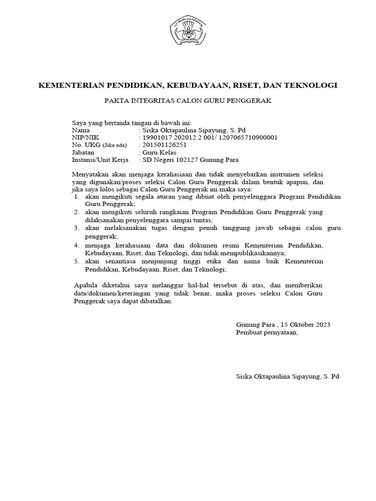 Pakta Integritas CGP 11 REGULER | PDF