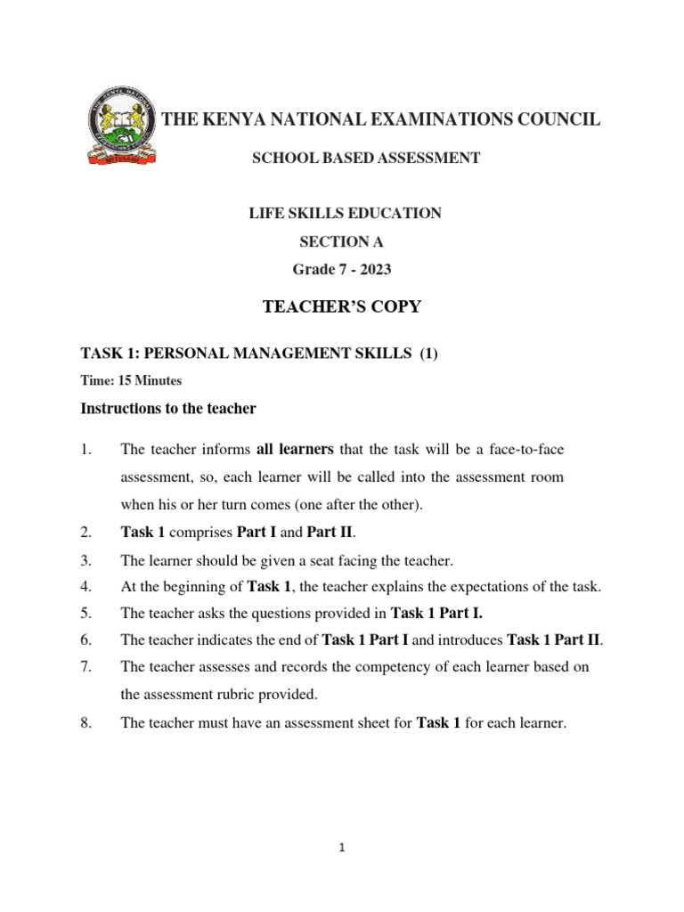 Grade 7 Section A Teacher's Copy Life Skills Education | PDF