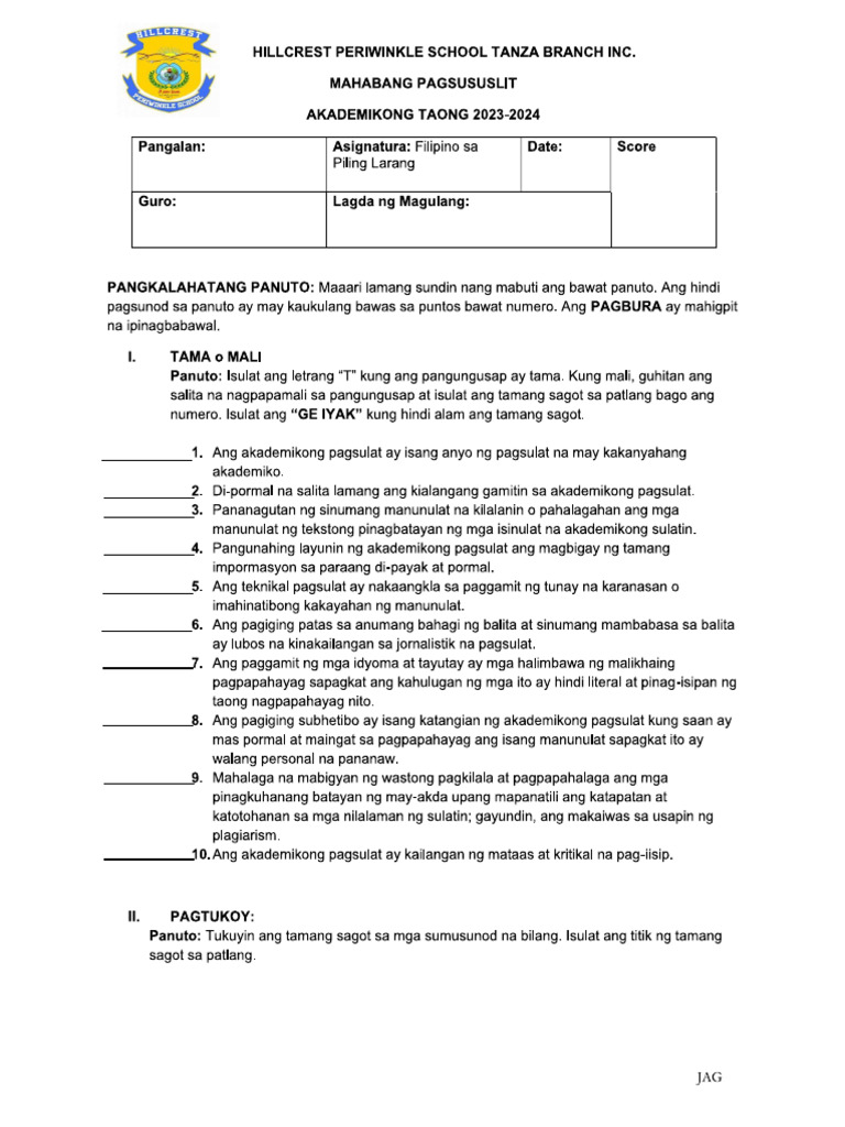 G11 Long Test Filipino Sa Piling Larang | PDF