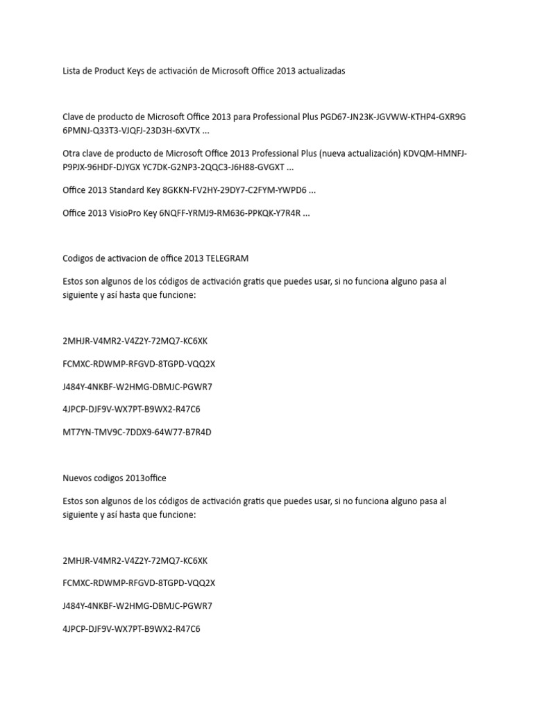 Codigos de Activacion Office 2013 | PDF