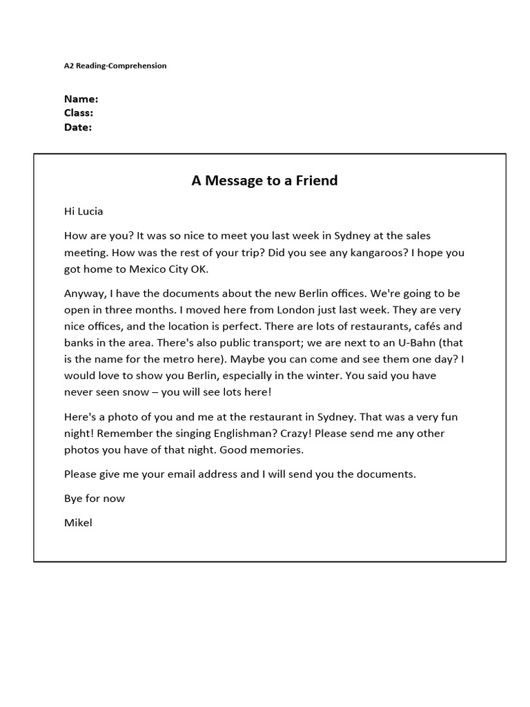 A2 Reading Comprehension: A Message to a Friend | PDF | Travel ...