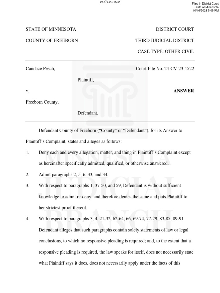 Freeborn County Answer | PDF | Pleading | Complaint