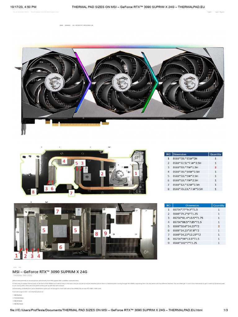 THERMAL PAD SIZES ON MSI - GeForce RTX™ 3090 SUPRIM X 24G - THERMALPAD - EU | PDF | Graphics ...