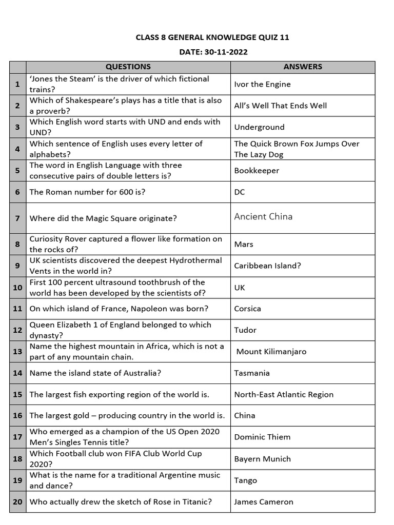 12431207Dec2022Class8 GeneralKnowledge Quiz11 2022 11 30 AnswerKey | PDF