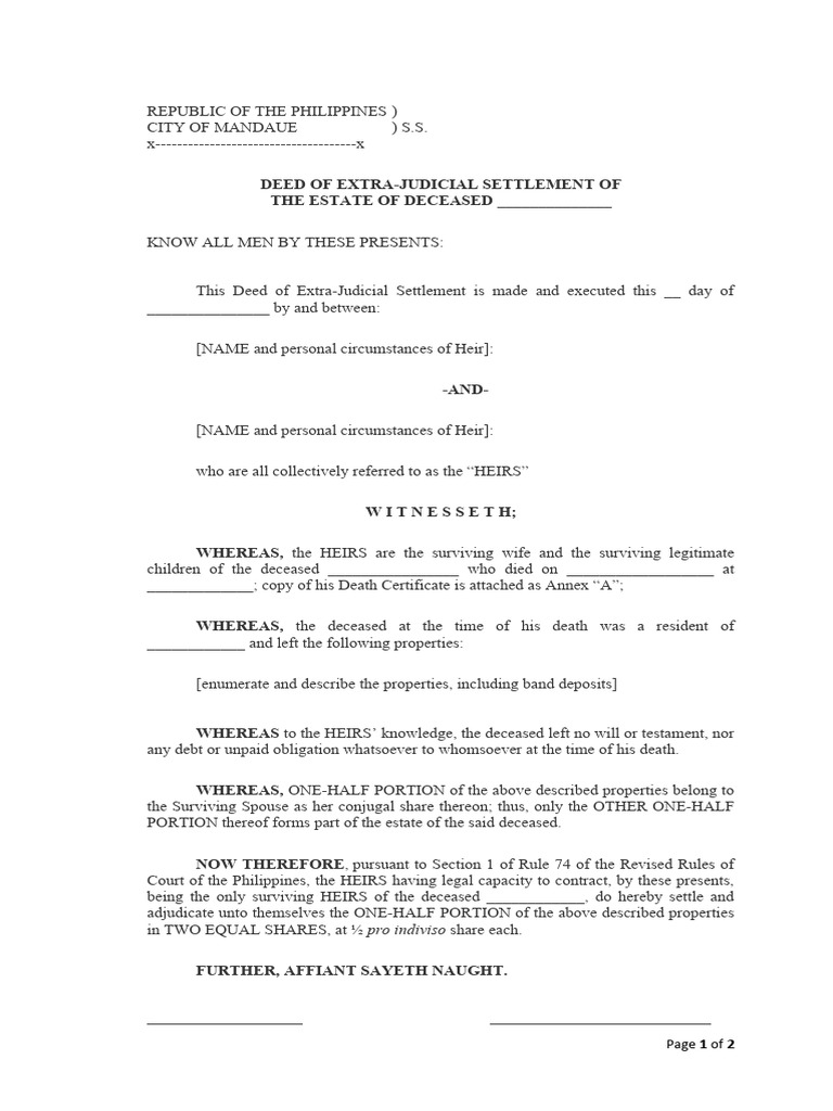 Extra-Judicial Settlement Deed Template | PDF | Law