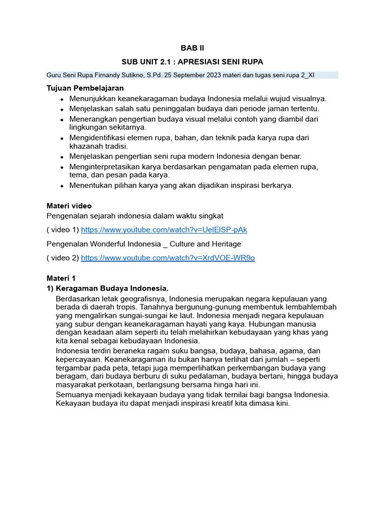 Xi - Bab Ii Sub Unit 2 Apresiasi Seni Rupa Materi Ke-2 | PDF
