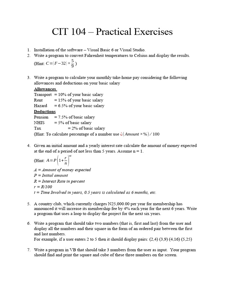 2023 - 1 CIT 104 Practical - Exercises Questions | PDF | Finance ...