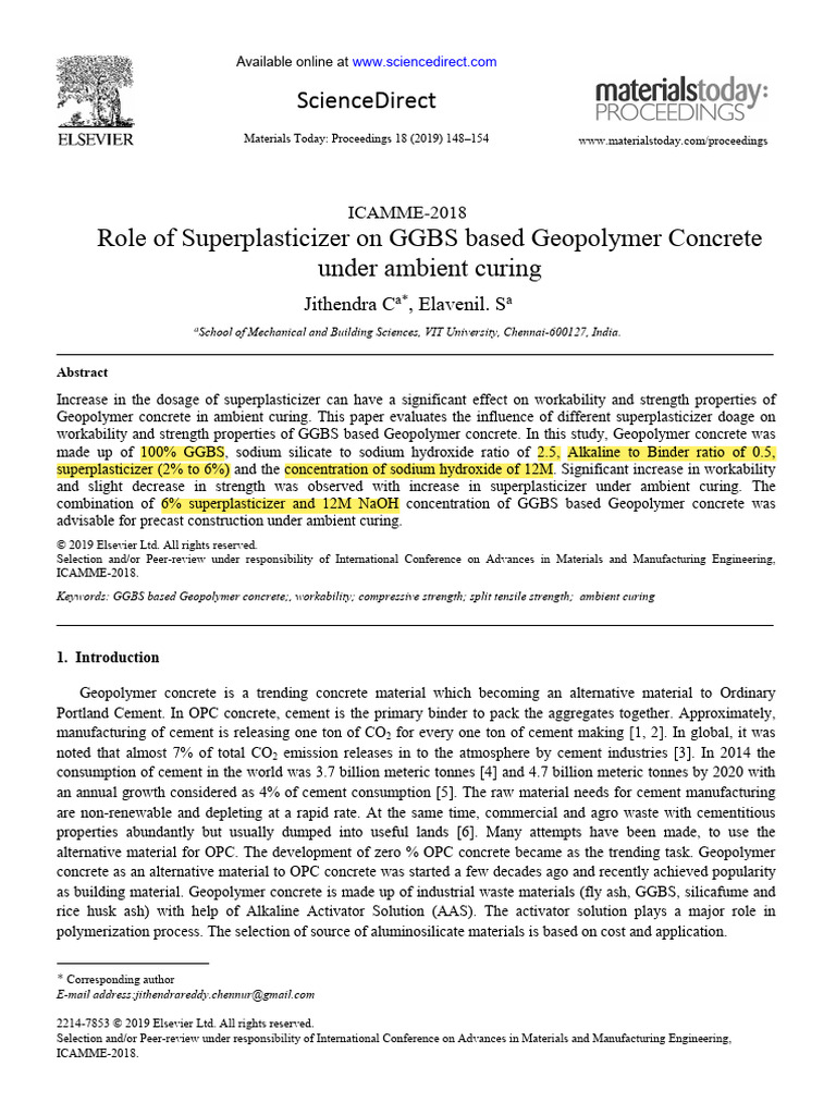 19 Superplastivizer GGBS Geopolymr | PDF