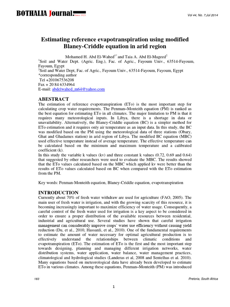 Estimating Reference Evapotranspiration Using Modified Blaney-Criddle Equation in Arid Region ...