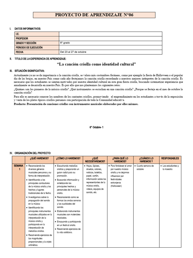 6° Grado - Proyecto de Aprendizaje N°06 | PDF | Ecuaciones | Canciones