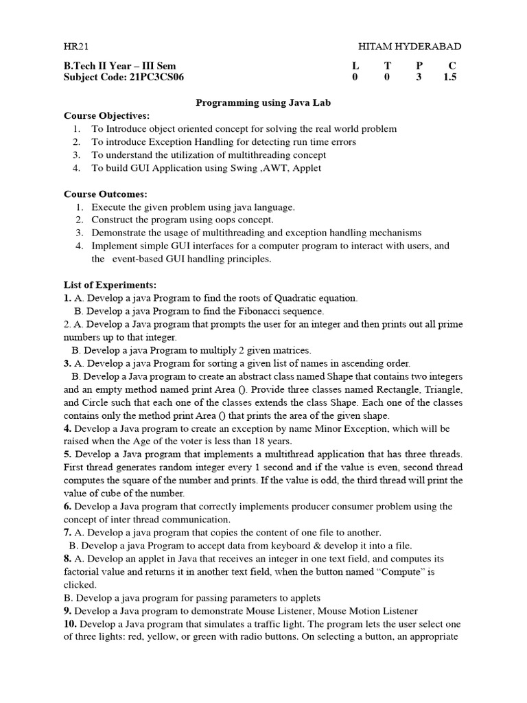 Lab Syllabus - Java | PDF