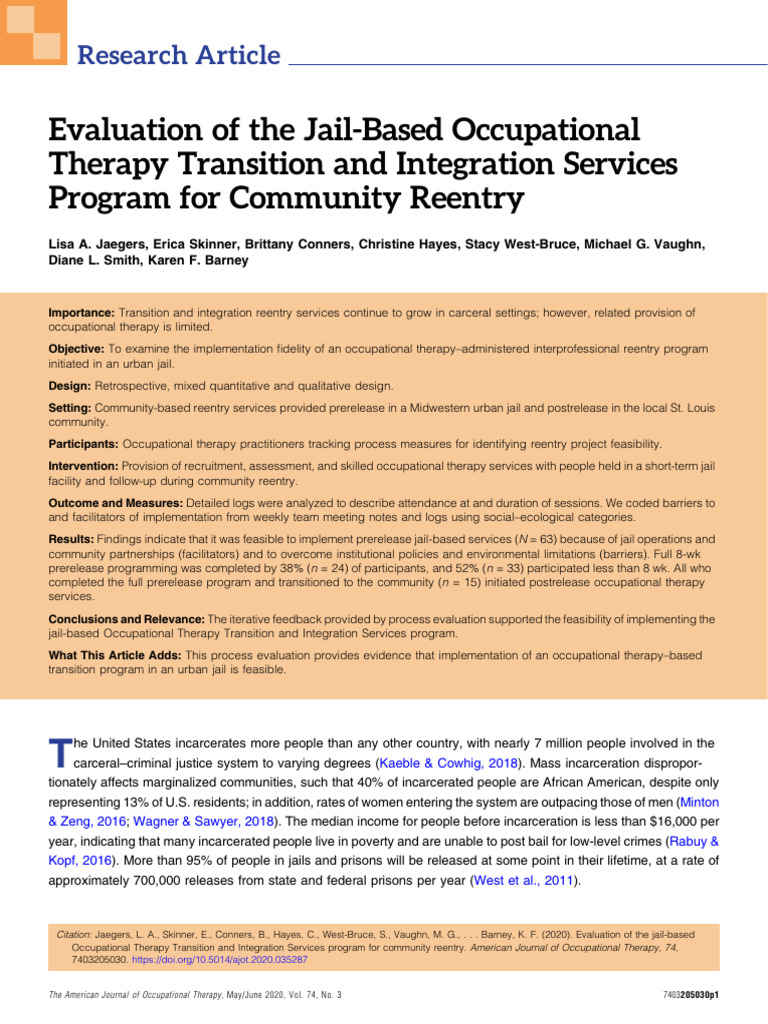 Evaluation of Jail-Based Occupational Therapy Transition and ...