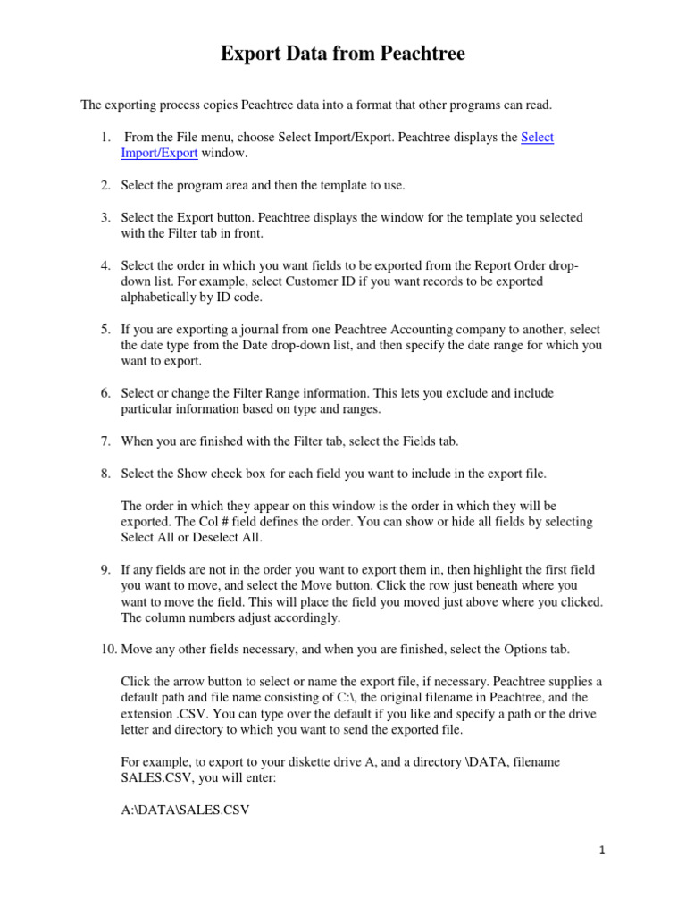 Peachtree Exporting Data | PDF