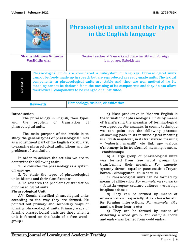 Phraseological Units and Their Types in The English Language | Download Free PDF | Preposition ...