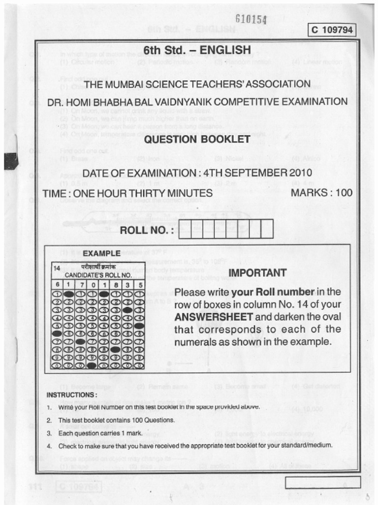 Homi Bhabha Std.6 2010 Q Paper (1) | PDF