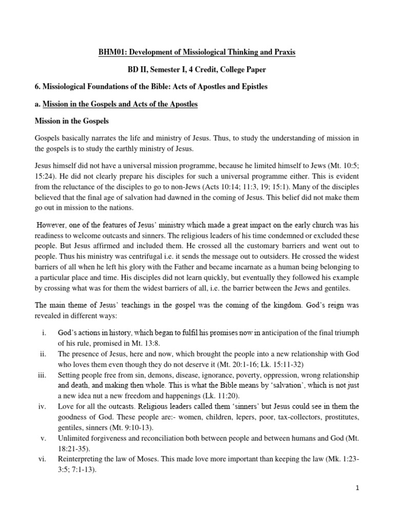 BHM01 Development of Missiological Thinking and Praxis Section B Unit I ...