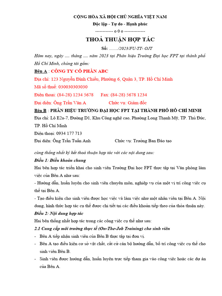 07.16bmđhfe10 - Bien Ban Thoa Thuan Ojt - Mou | PDF