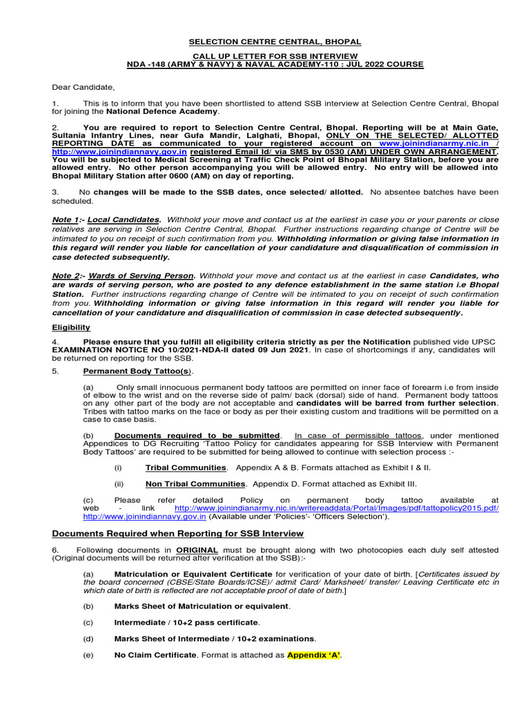 SSB Interview Call Letter for NDA Candidates | PDF | Identity Document