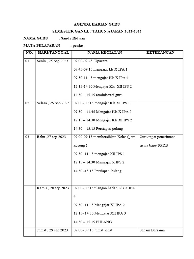 Agenda Harian Guru 21230145 | PDF