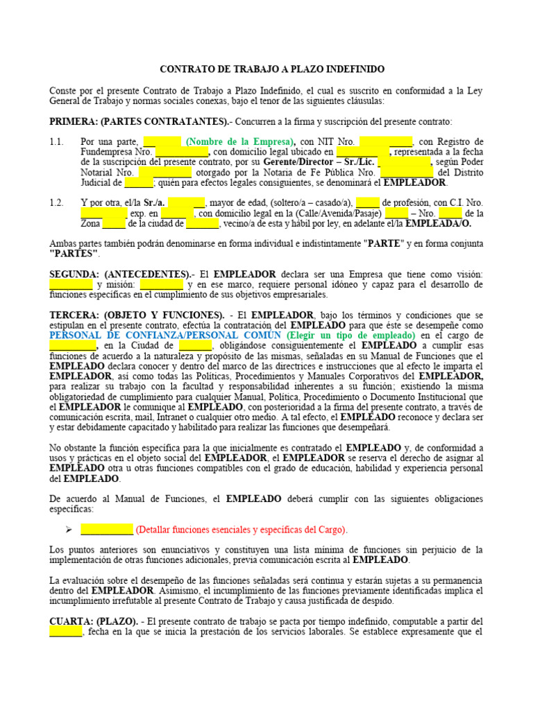 Modelo de Contrato Laboral - Indefinido - Pago Por Hora | PDF
