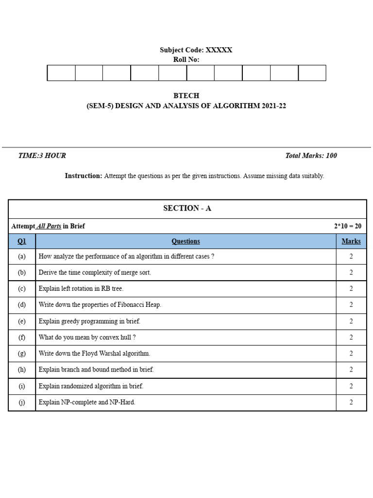 DESIGN AND ANALYSIS OF ALGORITHM Question Paper 21 22 | PDF DESIGN AND ANALYSIS OF ALGORITHM Question Paper 21 22 | PDF