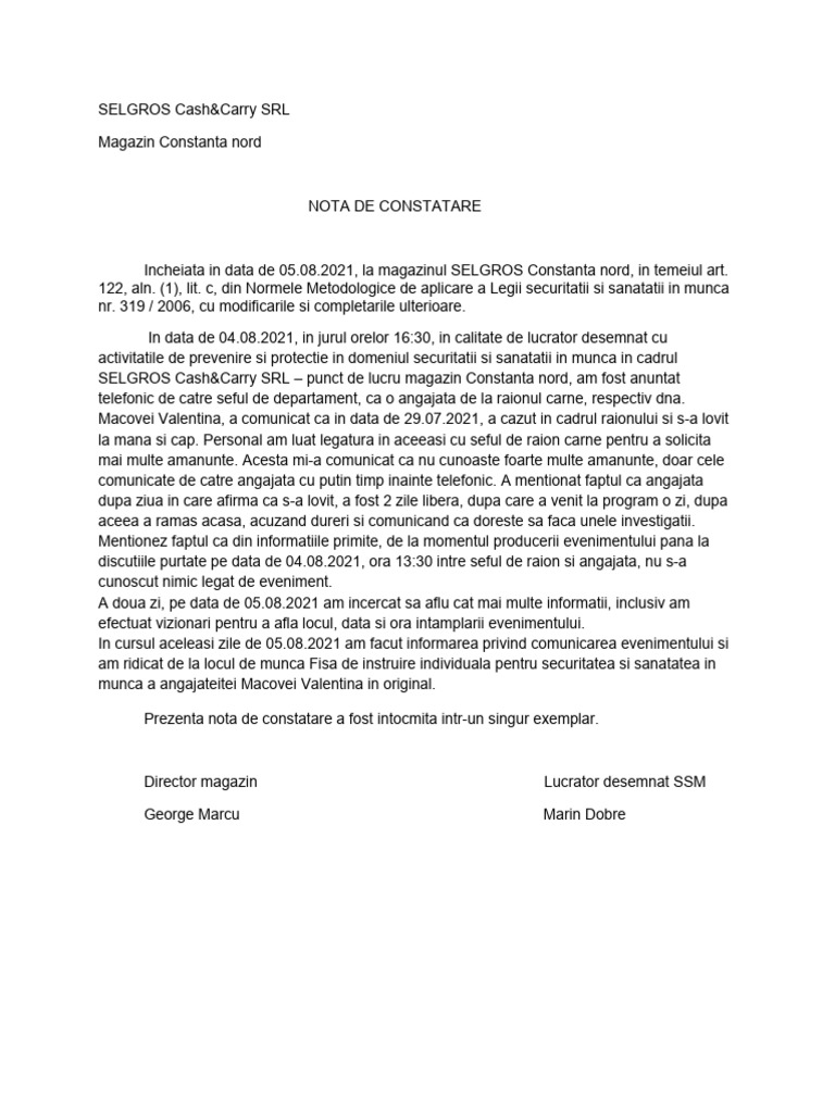 Nota Constatare Accident Munca | PDF