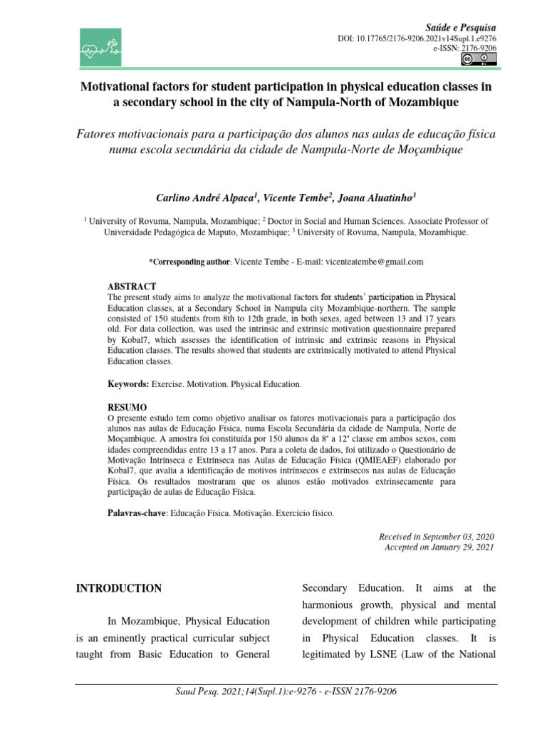 Motivational Factors For Student Participation in Physical Education | PDF