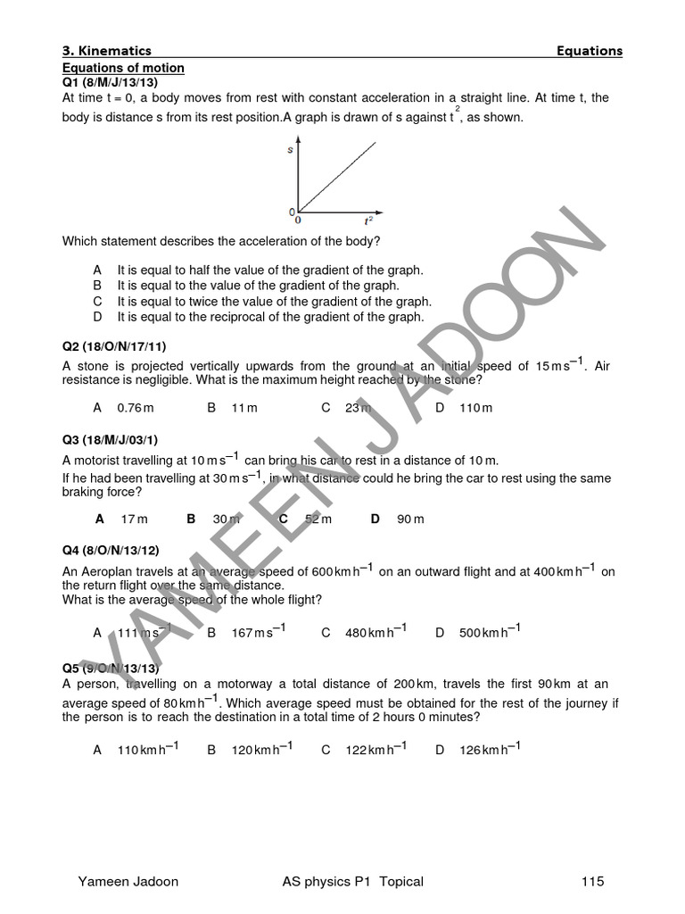 AS Physics Equations of Motions Topical Questions | PDF