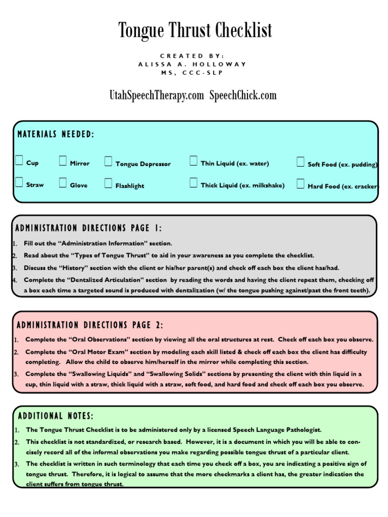 Tongue Thrust Checklist | PDF