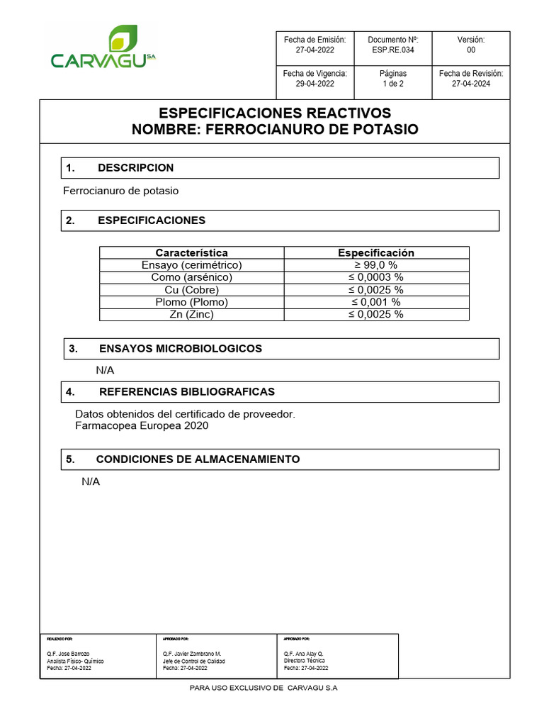 Especificaciones Ferrociánuro de Potasio | PDF