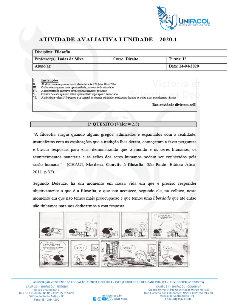 ATIVIDADE AVALIATIVA - Filosofia | PDF