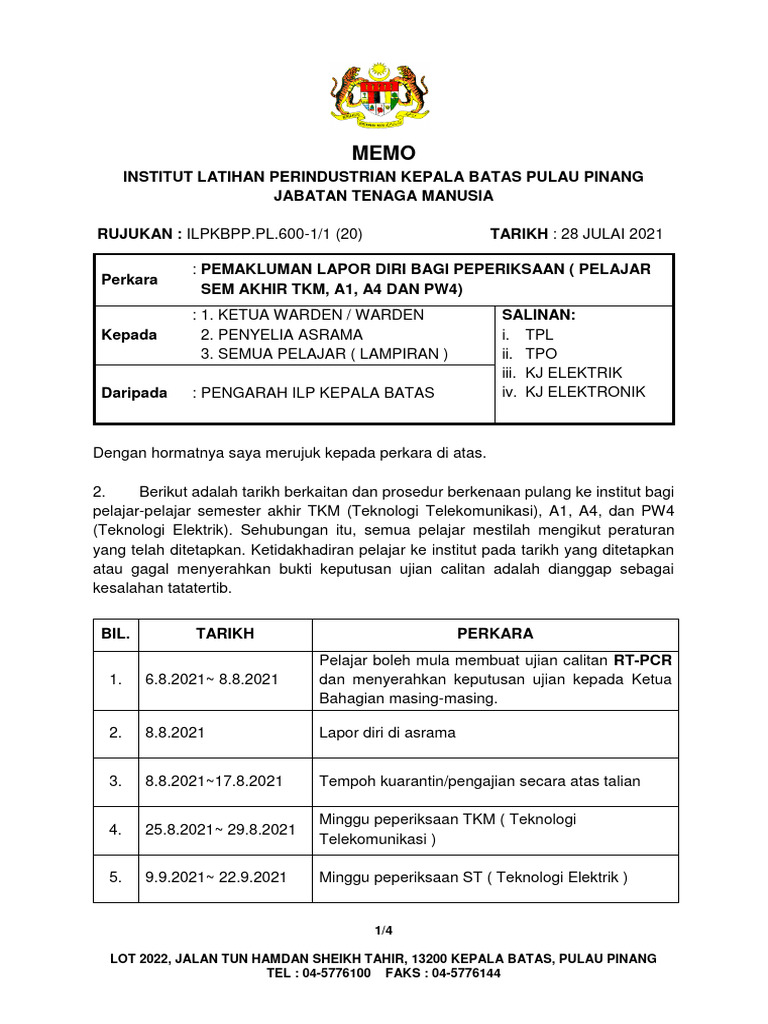 Memo Pemakluman Lapor Diri Bagi Peperiksaan Sem Akhir Ilpkbpp | PDF