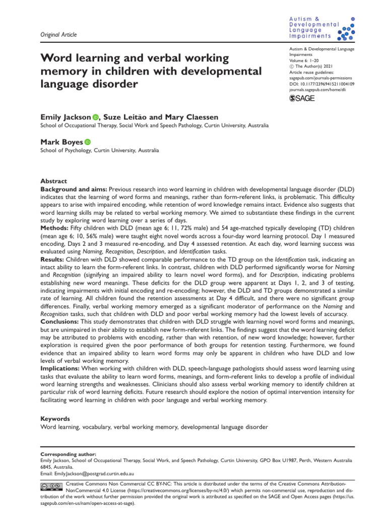 2021 - Word Learning and Verbal Working Memory in Children With Developmental Language Disorder ...