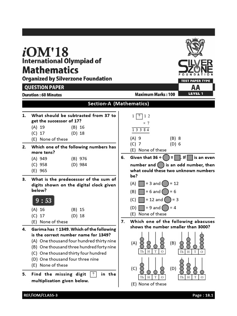iOM - Class - 3 - 2018 Set AA Level 1 | PDF