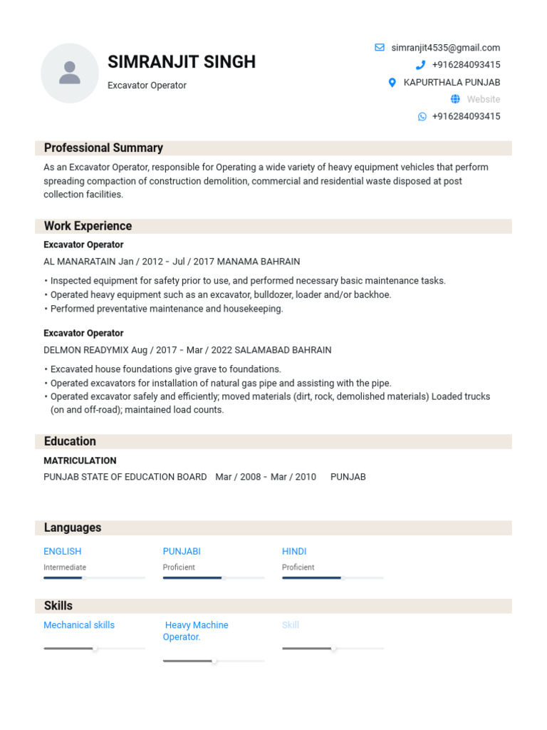 Excavator Operator Resume | PDF