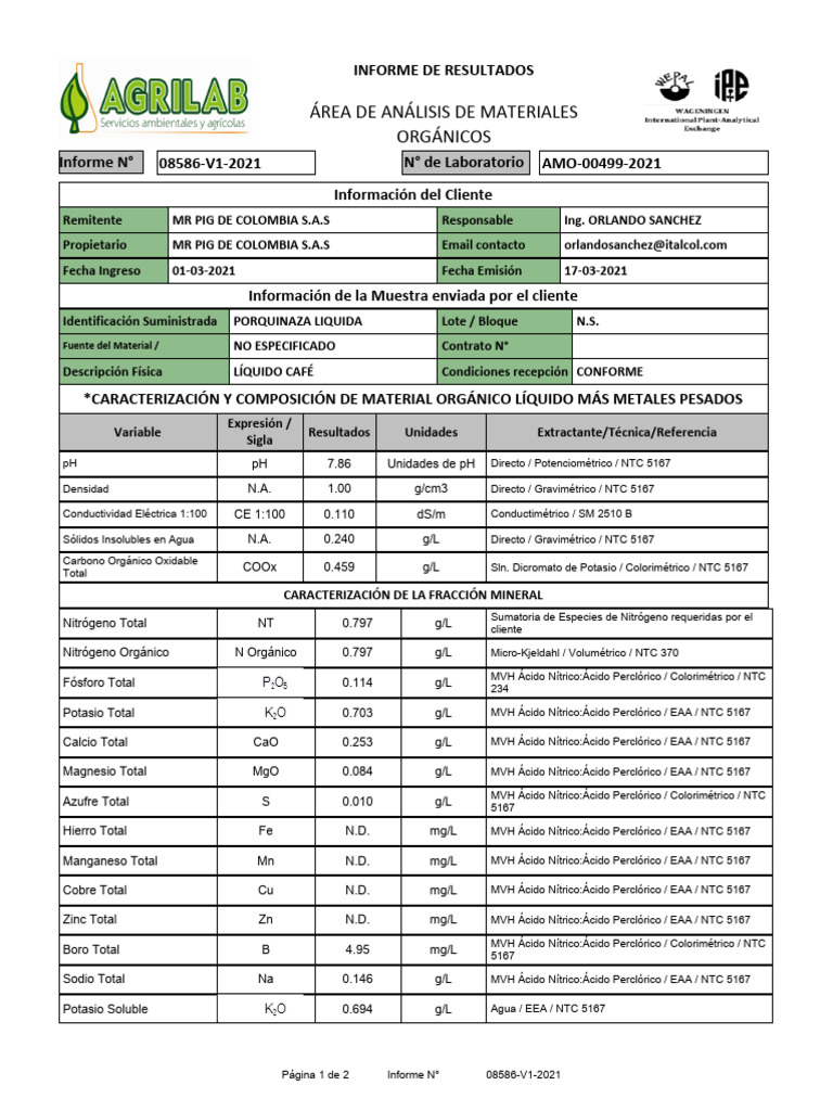 Resultados de Laboratorio Biol de Porquinaza - MR Pig 2021 | PDF