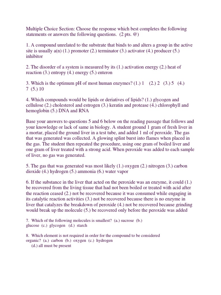 Biochem Practice Test | PDF | Biochemistry | Chemistry