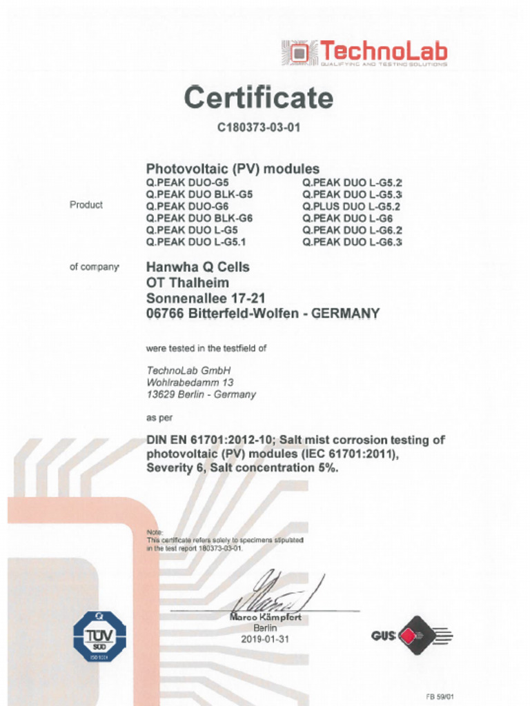 Certificat QCells Q.PEAK - Q.PLUS DUO | PDF