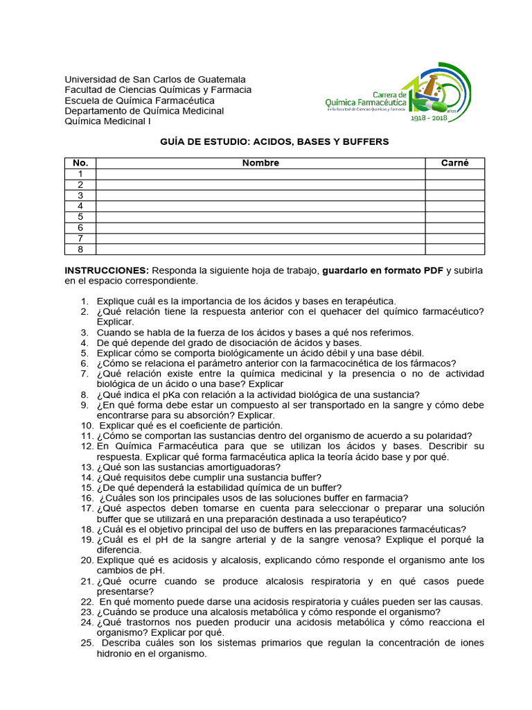 Guia de Estudio Acidos Bases y Fuffers | PDF Guia de Estudio Acidos Bases y Fuffers | PDF