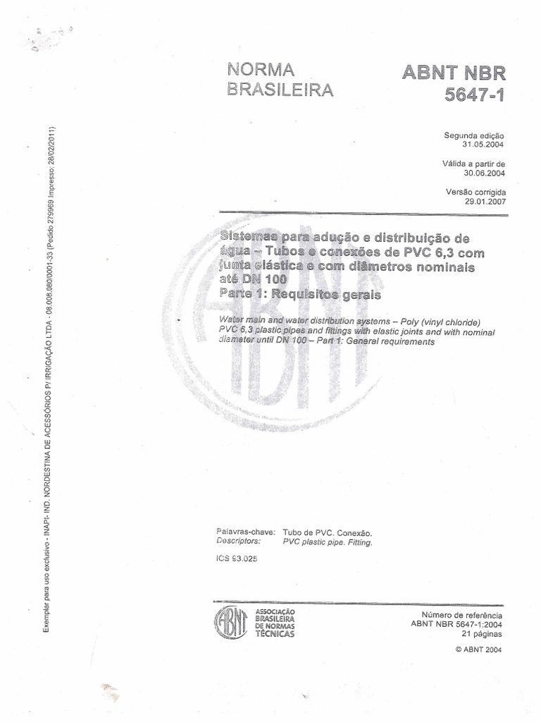 Abnt NBR 5647-1 Tubos e Conexões PVC 6,3 Água | PDF